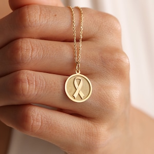 14k Solid Gold Awareness Ribbon Necklace , Personalized Cancer Ribbon ...