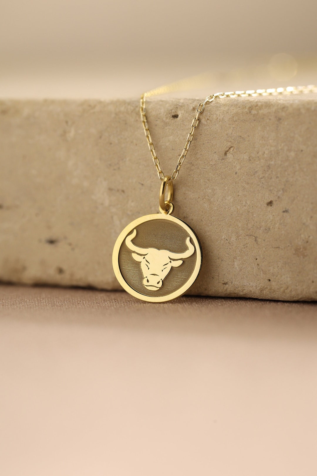 14k Solid Gold Taurus Zodiac Necklace, Taurus Bull Pendant , Zodiac ...