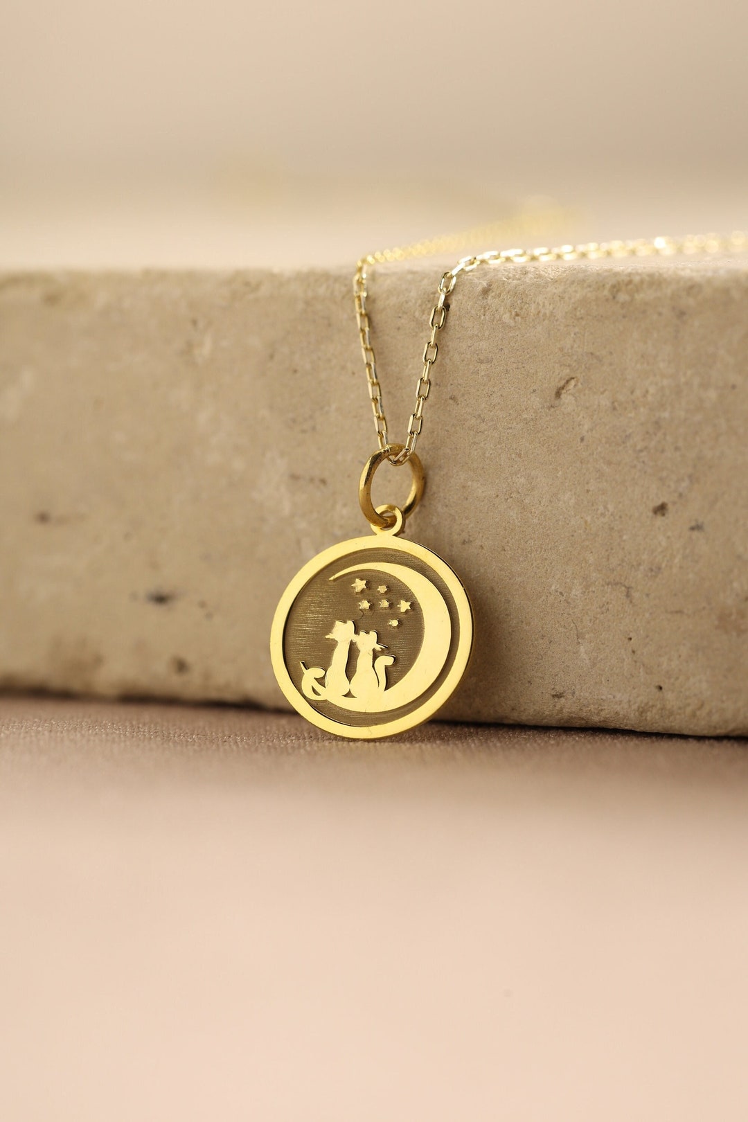 14k Solid Gold Cat and Moon Necklace, Personalized Cat Moon Pendant ...