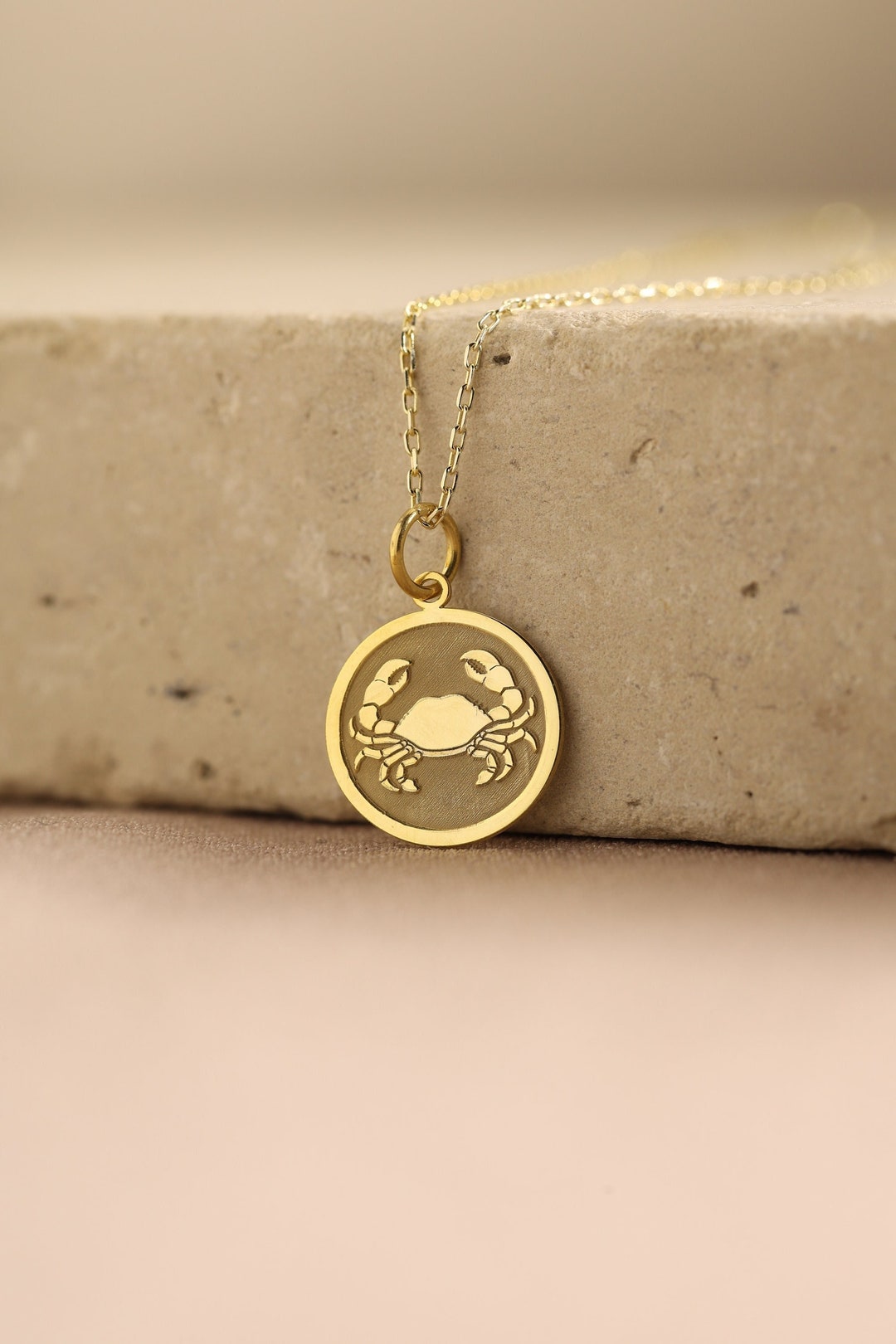 14k Solid Gold Cancer Zodiac Necklace, Crab Gold Pendant , Personalized ...