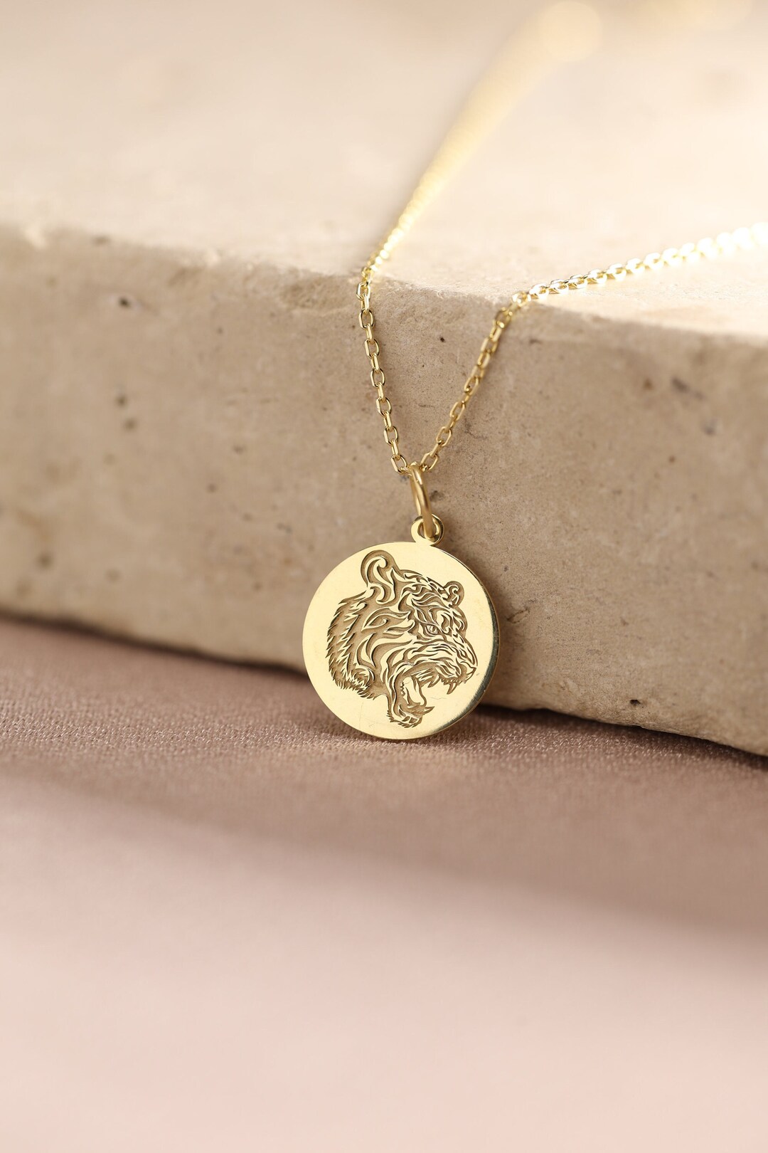 14k Solid Gold Tiger Pendant , Gold Tiger Necklace , Personalized Tiger ...