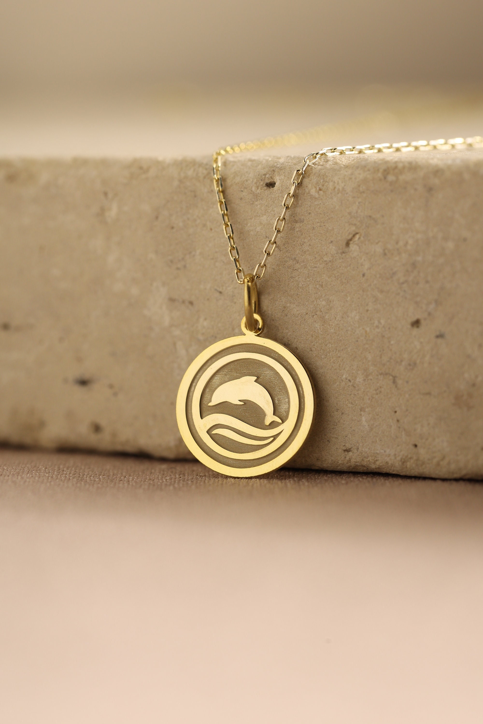 14k Solid Gold Dolphins Necklace , Gold Fish Dolphins Pendant ...
