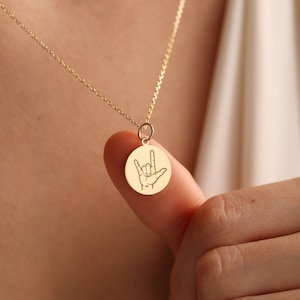 14k Solid Gold ASL Sign Language Necklace , I Love You ASL Sign ...