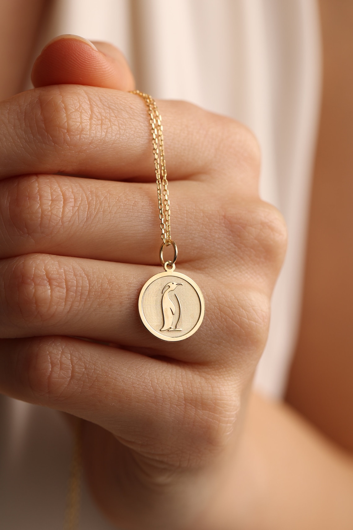 14k Solid Gold Penguin Necklace, Gold Penguin Disc Jewelry , Penguin ...