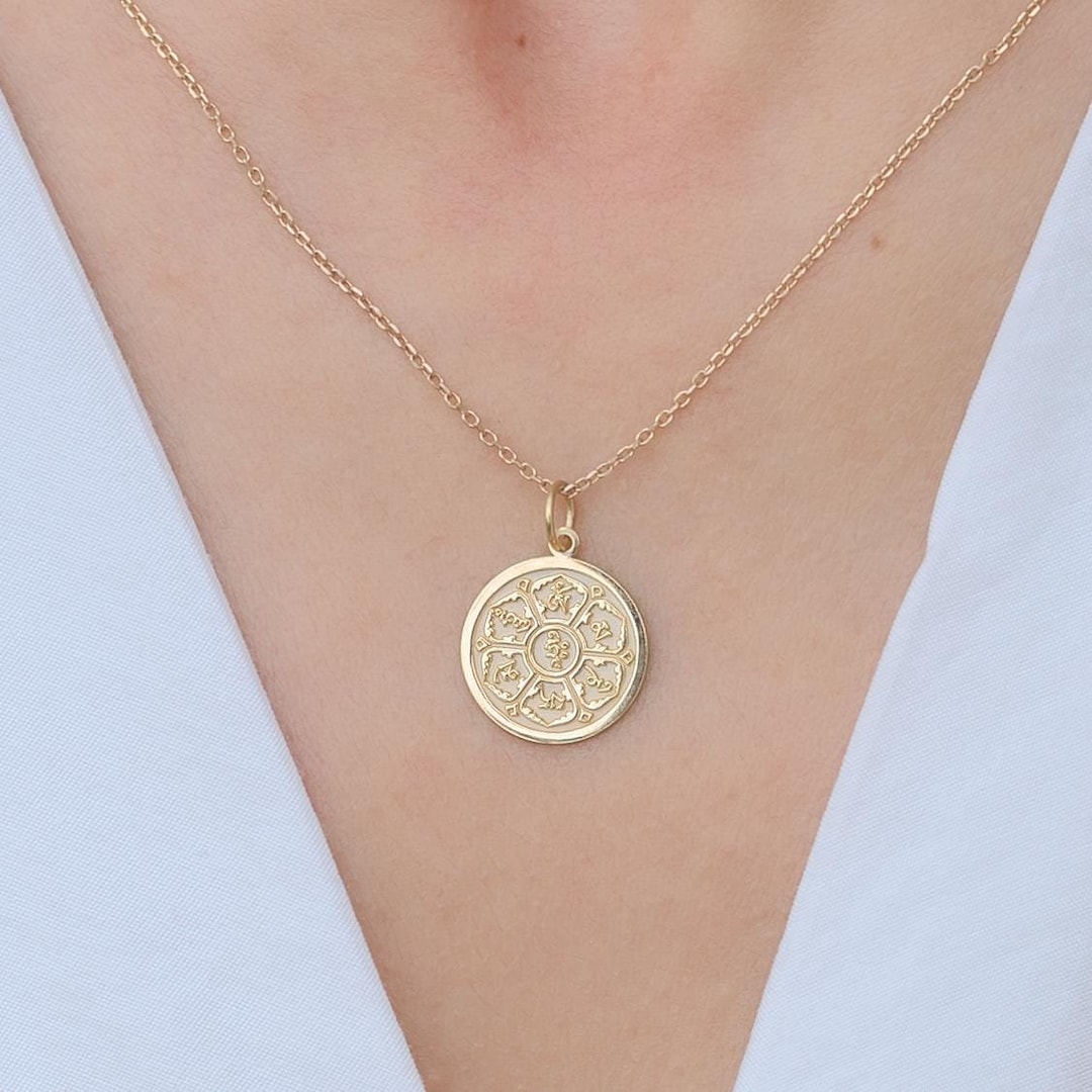 14k Solid Gold Om Mani Padme Hum Mandala Necklace Buddhist Jewelry ...
