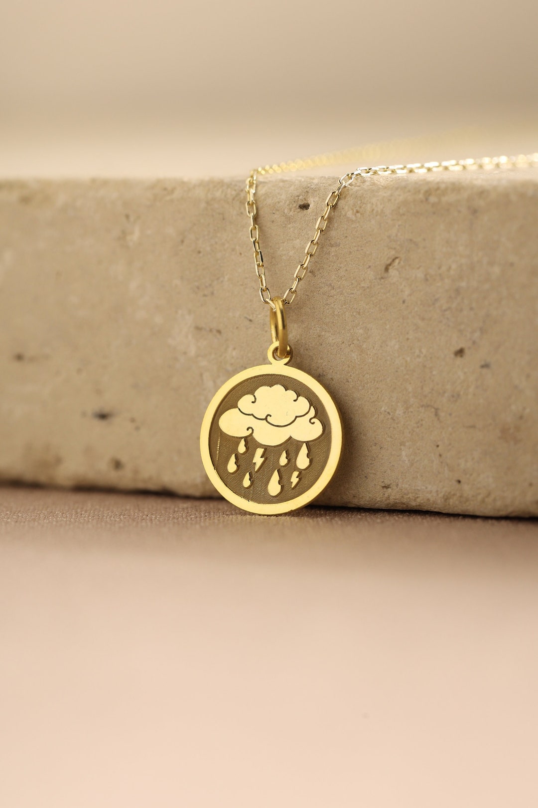 14k Solid Gold Cloud Necklace , Tiny Gold Cloud Necklace , Lightning ...