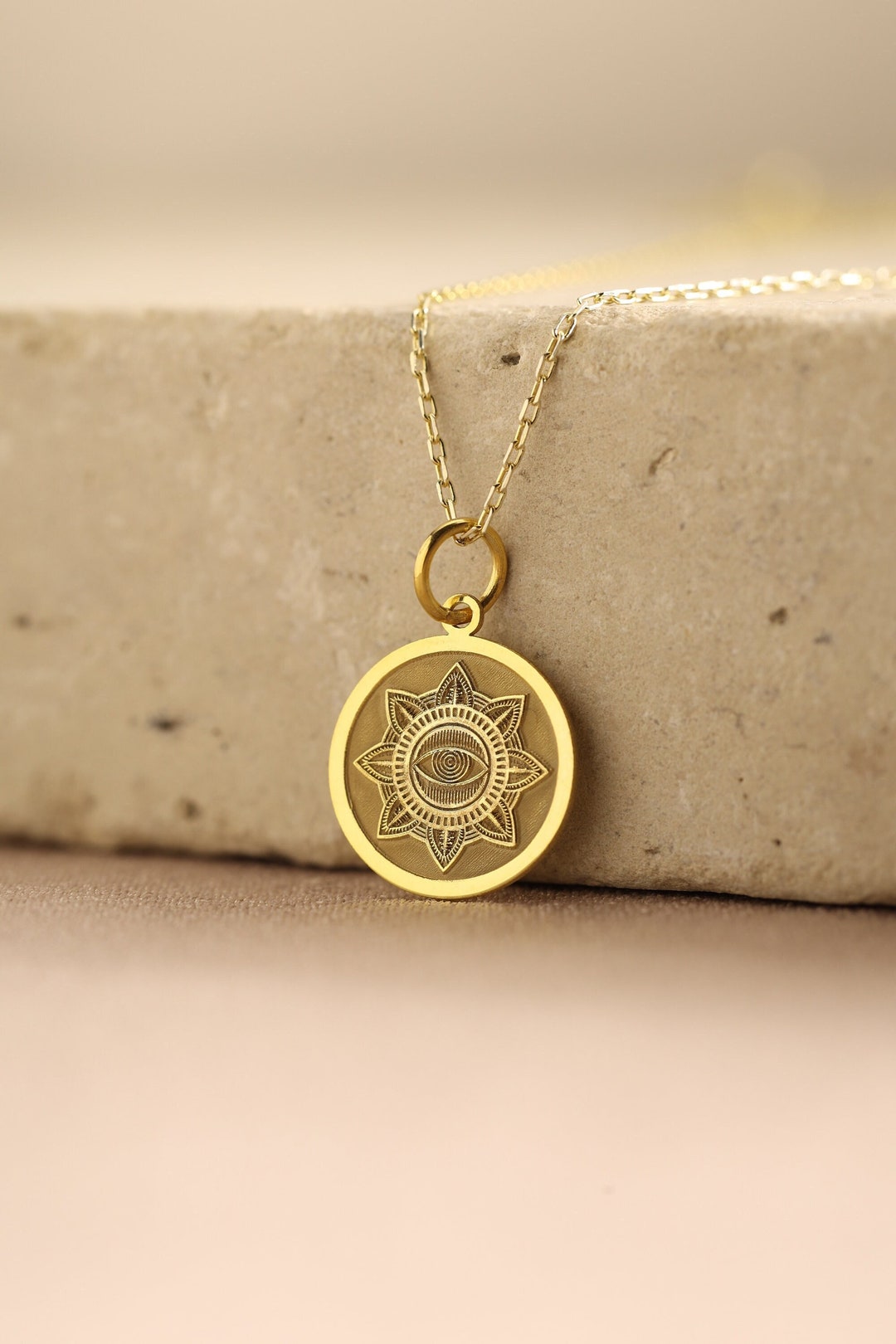 14k Solid Gold Evil Eye Necklace , Gold Evil Eye Disc Jewelry ...