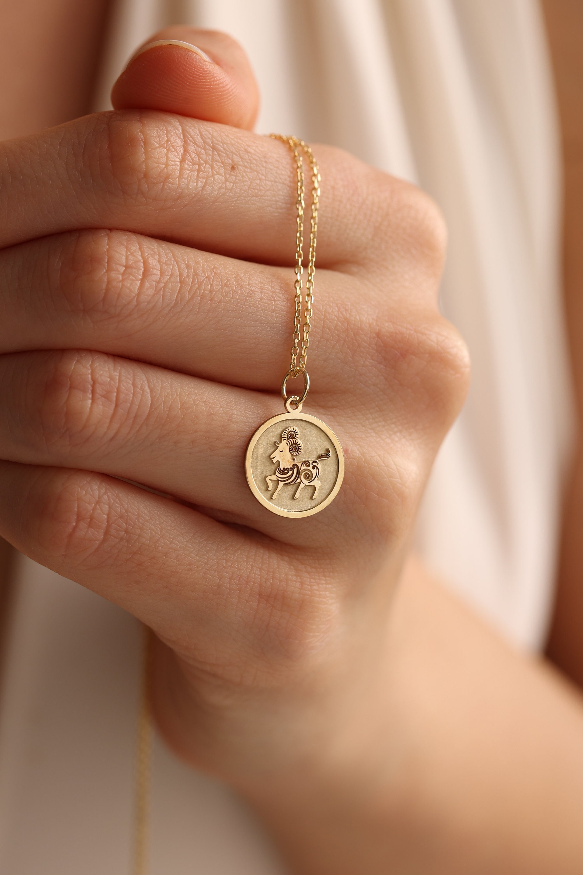14k Solid Gold Aries Zodiac Necklace, Aries Ram Pendant , Zodiac Solid ...
