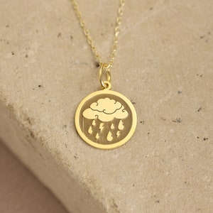 14k Solid Gold Cloud Necklace , Tiny Gold Cloud Necklace , Lightning Pendant , Delicate Cloud ...
