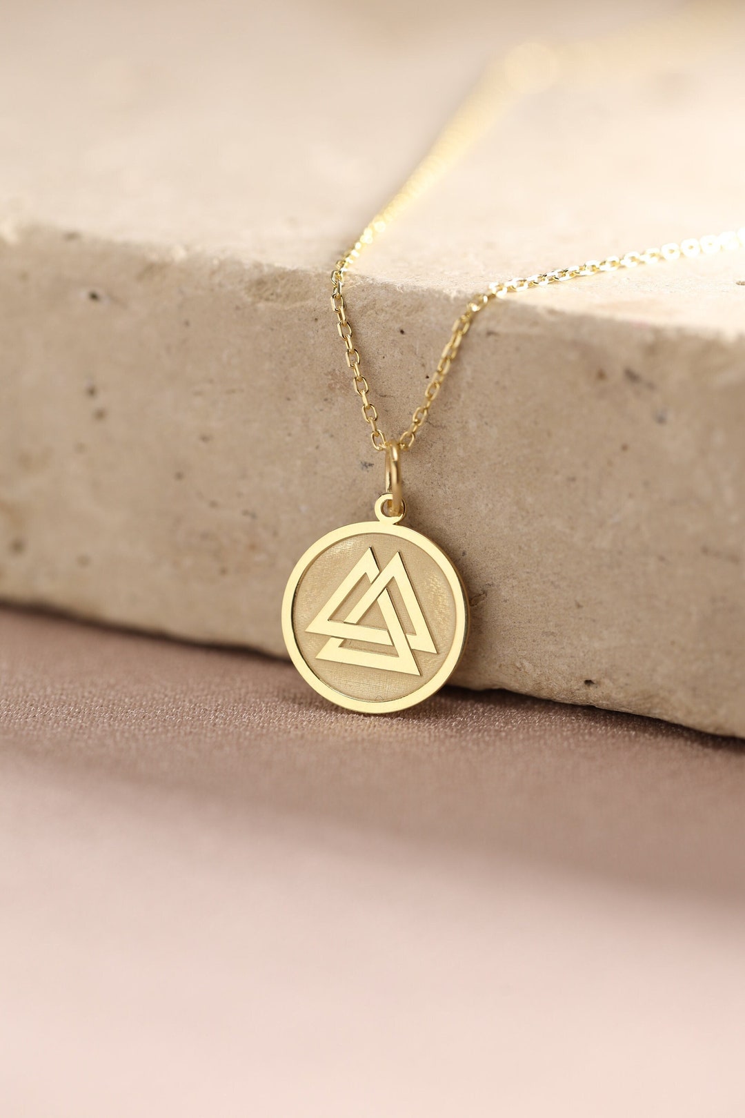 14k Solid Gold Valknut Necklace , Gold Disc Valknut Pendant ...