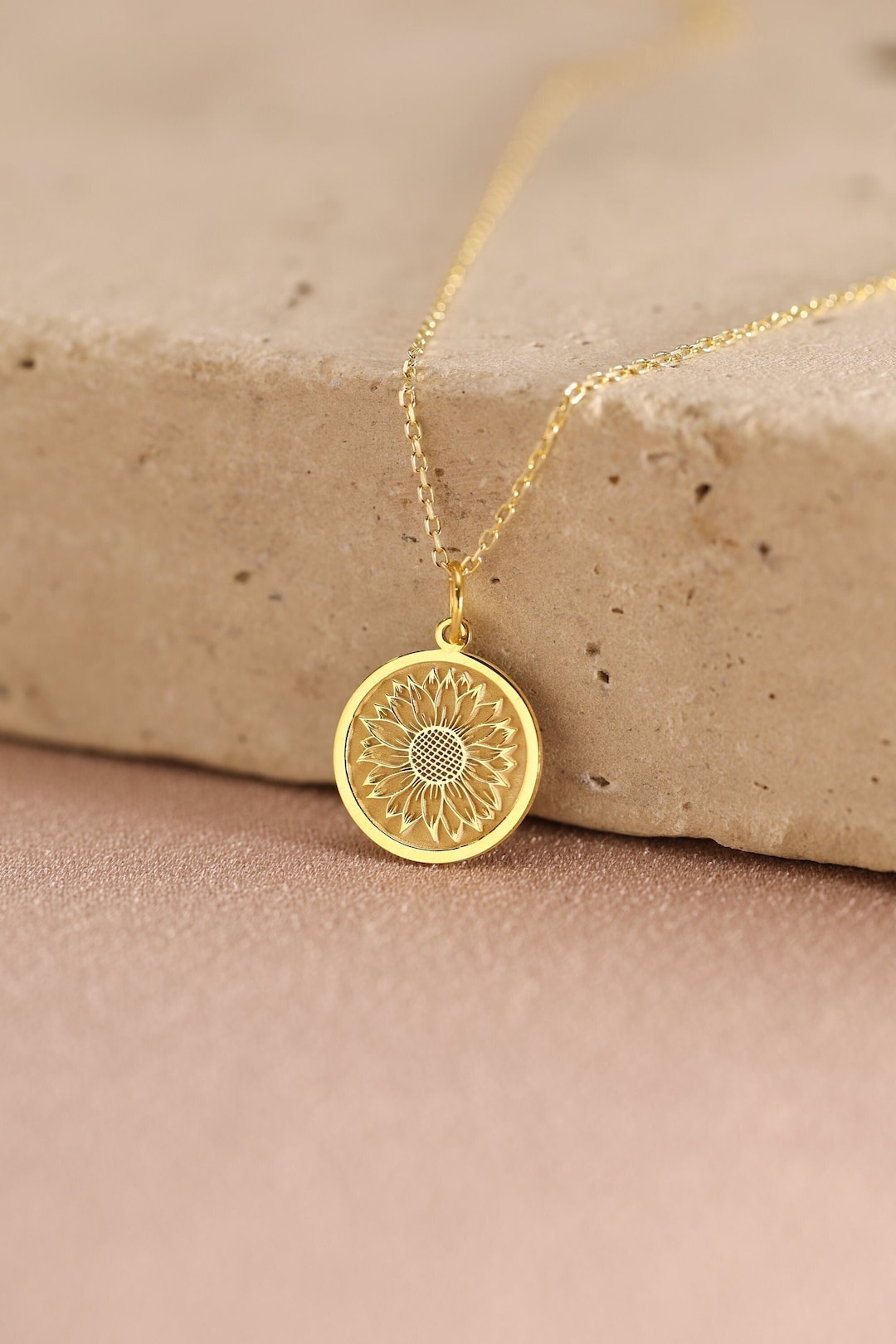 14k Solid Gold Sunflower Pendant , Personalized Sun Flower Necklace ...