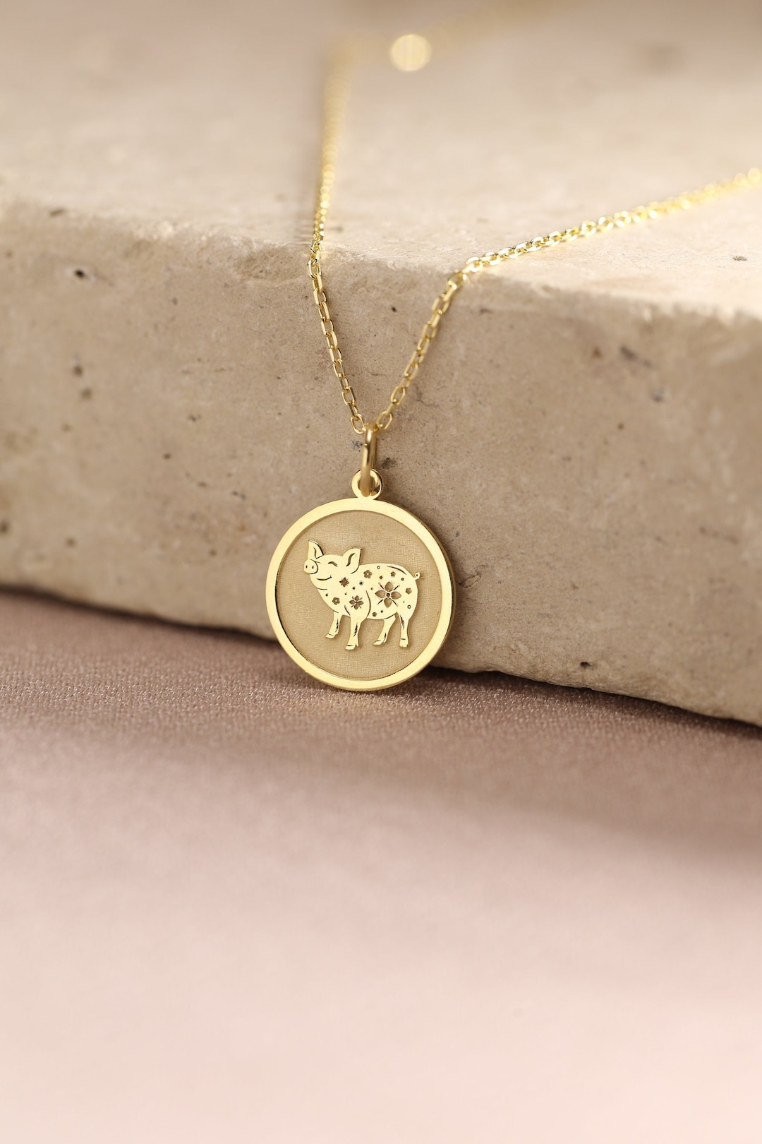 14k Solid Gold Pig Zodiac Necklace , Personalized Pig Pendant , Pig ...