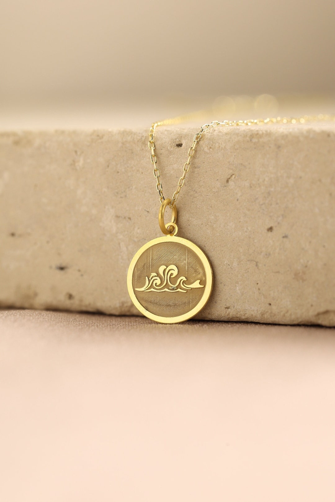 14k Solid Gold Wave Necklace, Personalized Wave Pendant, Charm Wave ...