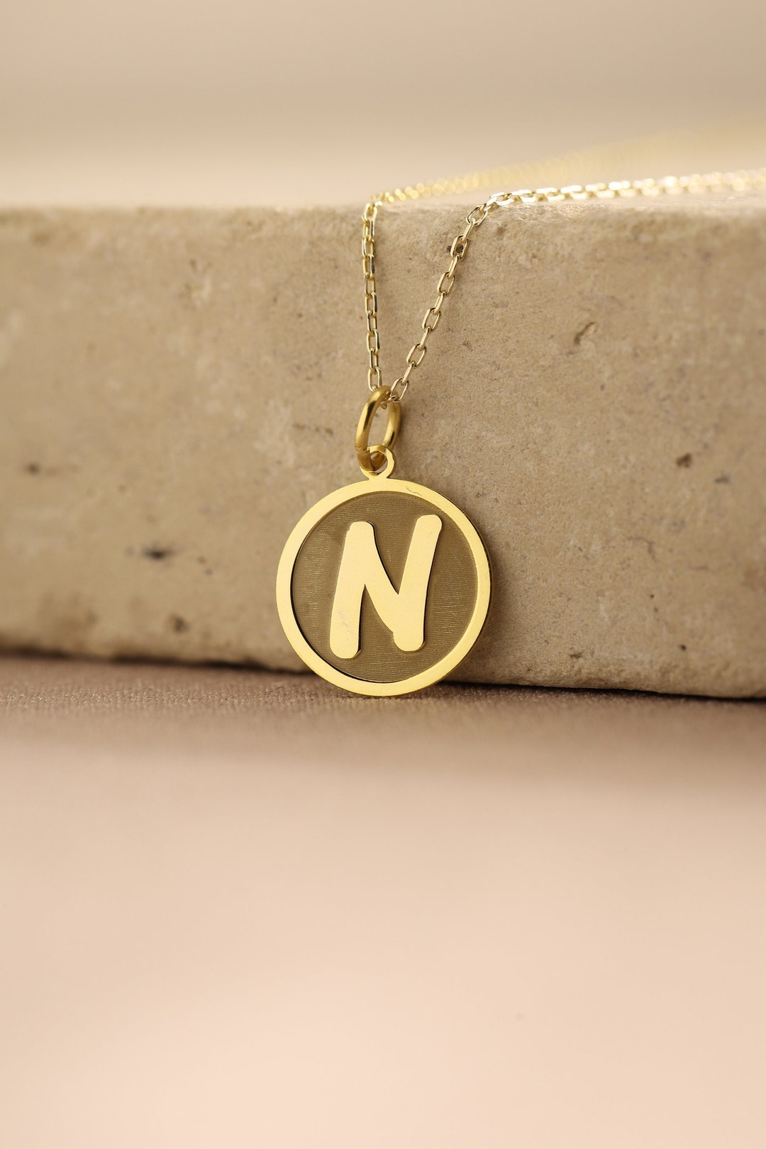 14k Solid Gold Initial Necklace,n Letter Necklace , Sideways Initial ...
