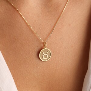 14k Solid Gold Taurus Zodiac Necklace, Taurus Symbol Pendant, Zodiac ...