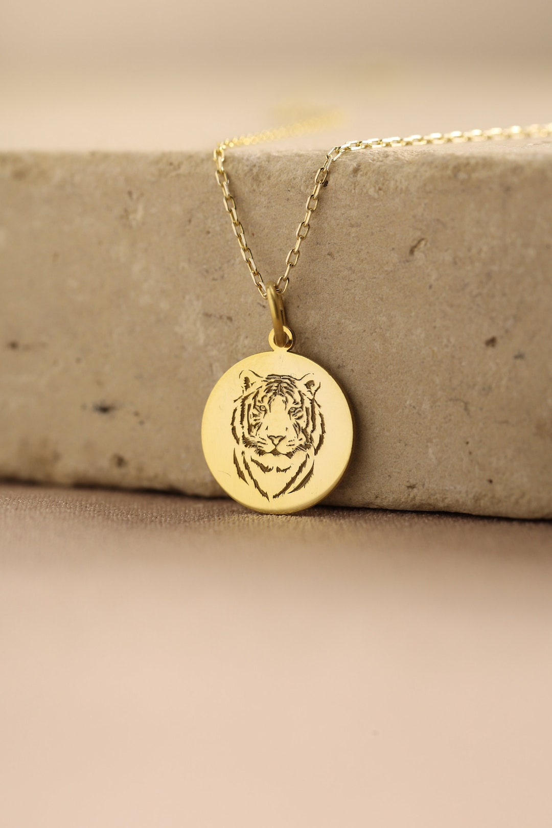 14k Solid Gold Tiger Pendant , Gold Tiger Necklace , Personalized Tiger ...