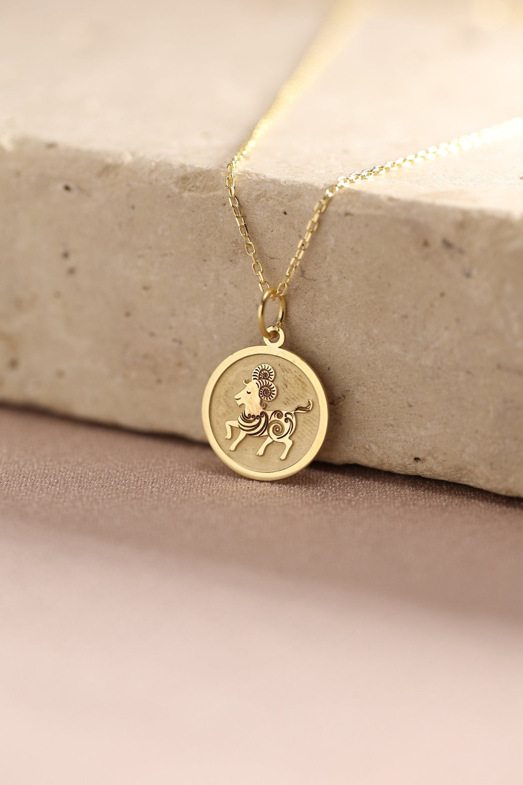 14k Solid Gold Aries Zodiac Necklace, Aries Ram Pendant , Zodiac Solid ...