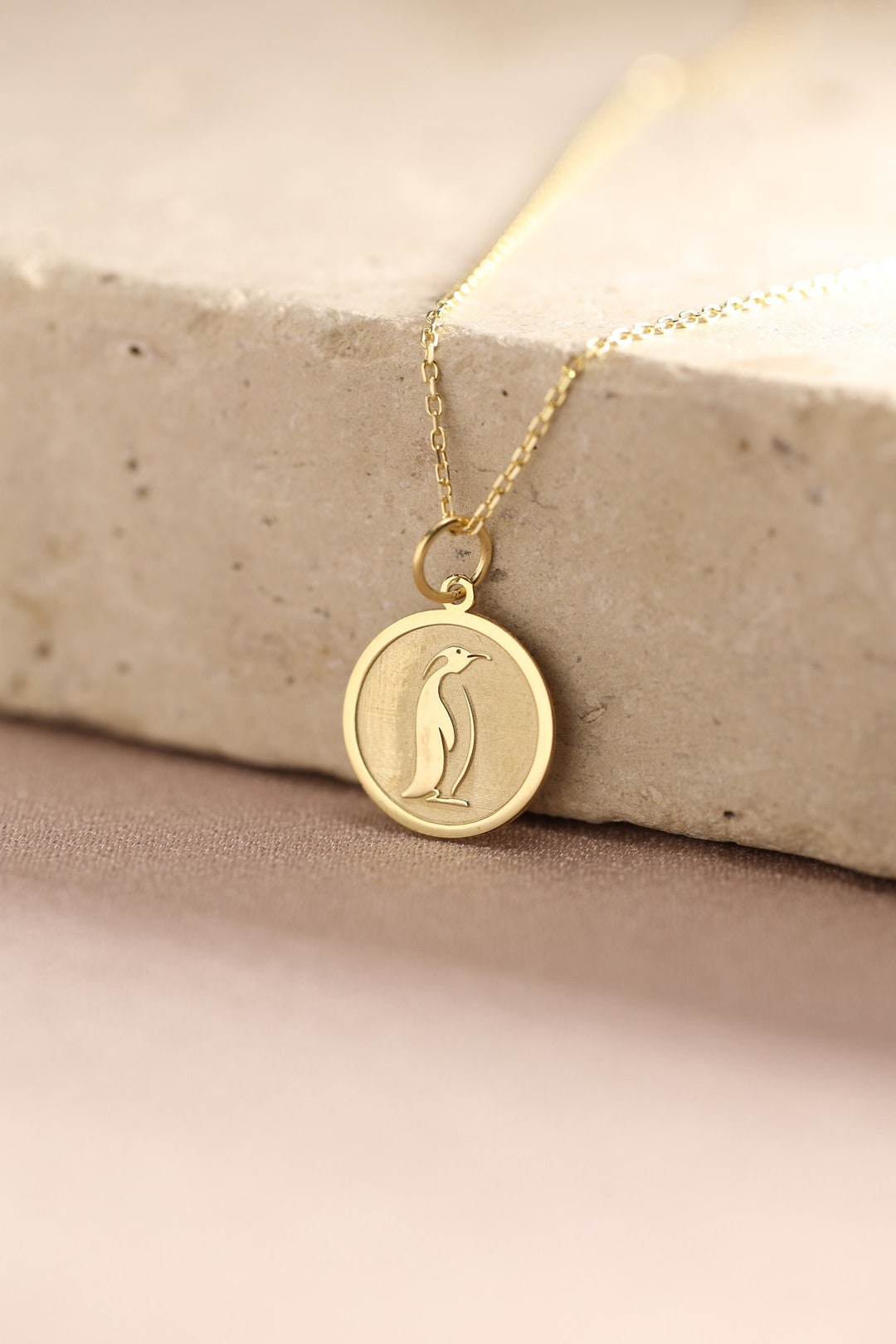 14k Solid Gold Penguin Necklace, Gold Penguin Disc Jewelry , Penguin ...