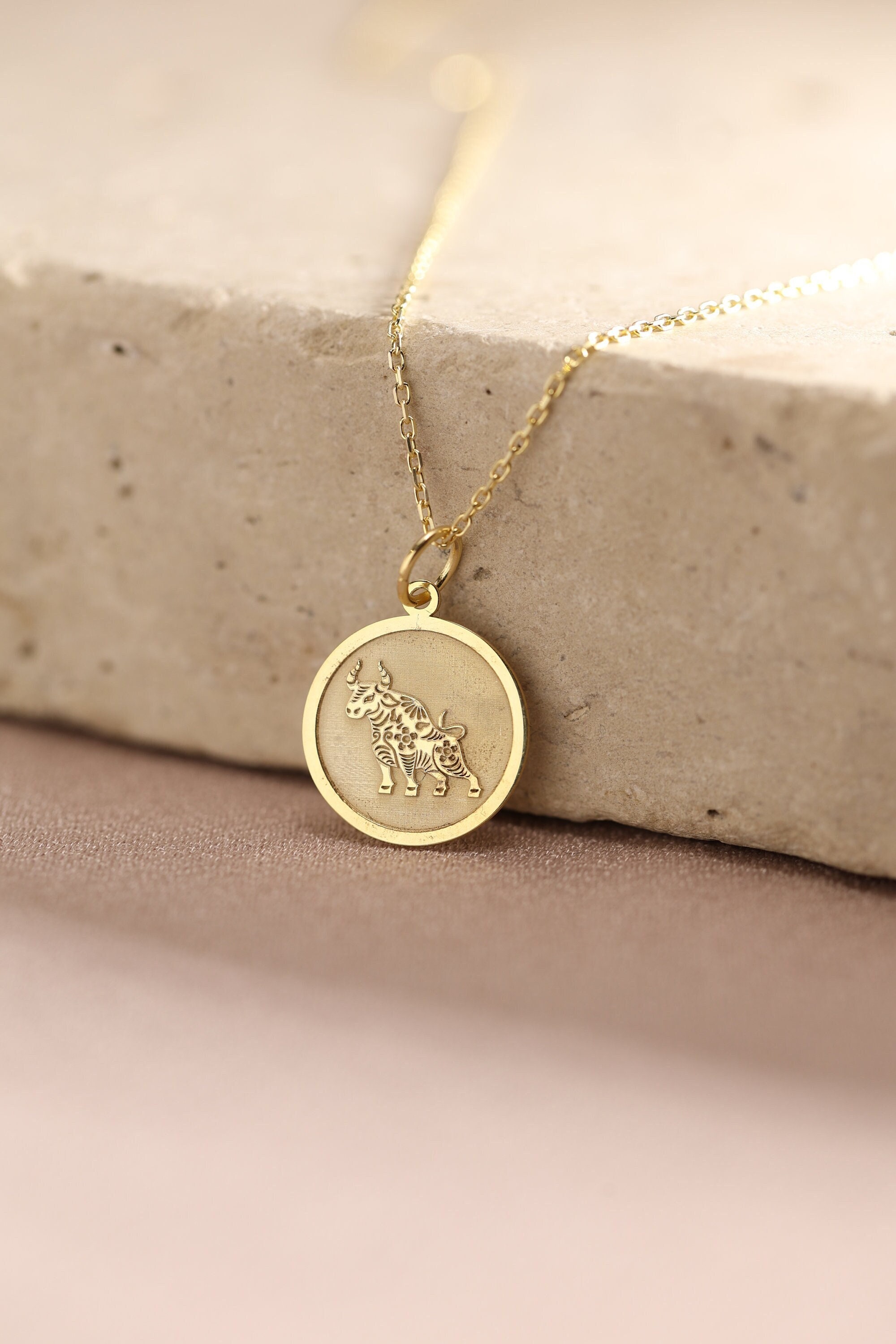14k Solid Gold Taurus Zodiac Necklace, Taurus Bull Pendant , Zodiac ...