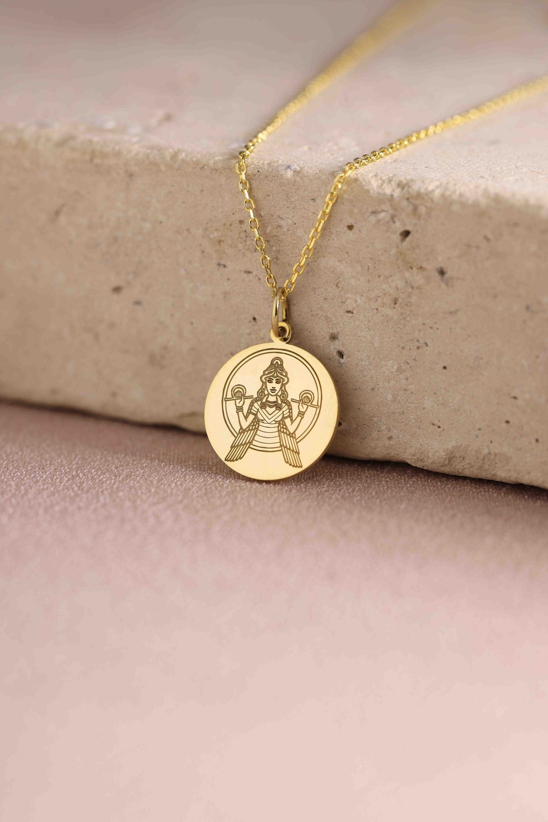 14k Solid Gold Inanna Goddess Necklace , Mesopotamian Goddess ...