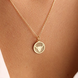14k Solid Gold Taurus Zodiac Necklace, Taurus Bull Pendant , Zodiac ...