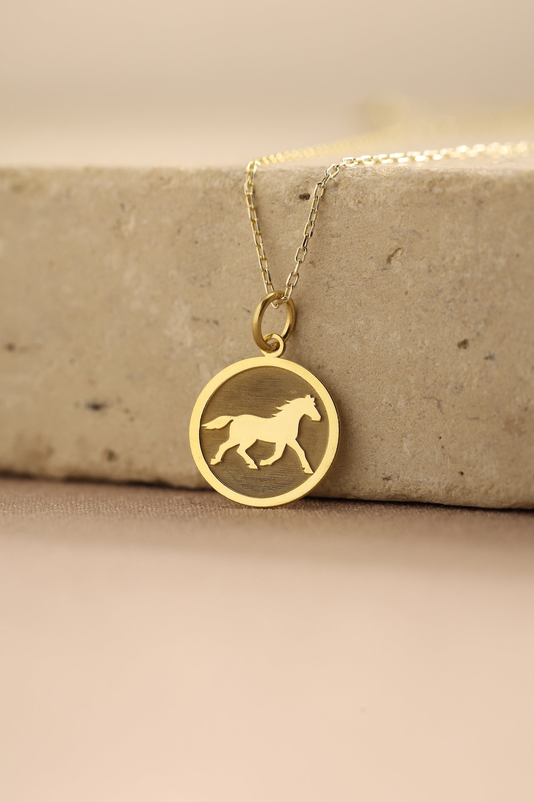 14k Solid Gold Horse Necklace , Animal Charm Jewellery , Running Horse ...