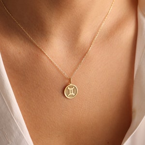 14k Solid Gold Gemini Necklace , Zodiac Gemini Gold Pendant , Gemini ...