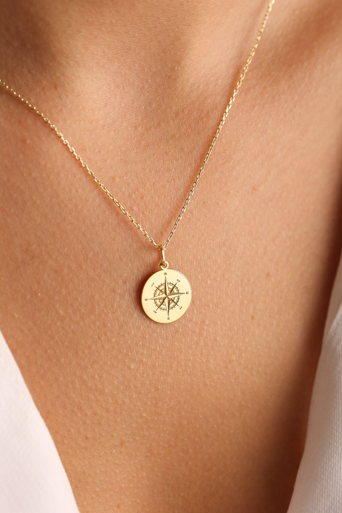 14k Solid Gold Compass Necklace Compass Jewelry Compass Etsy
