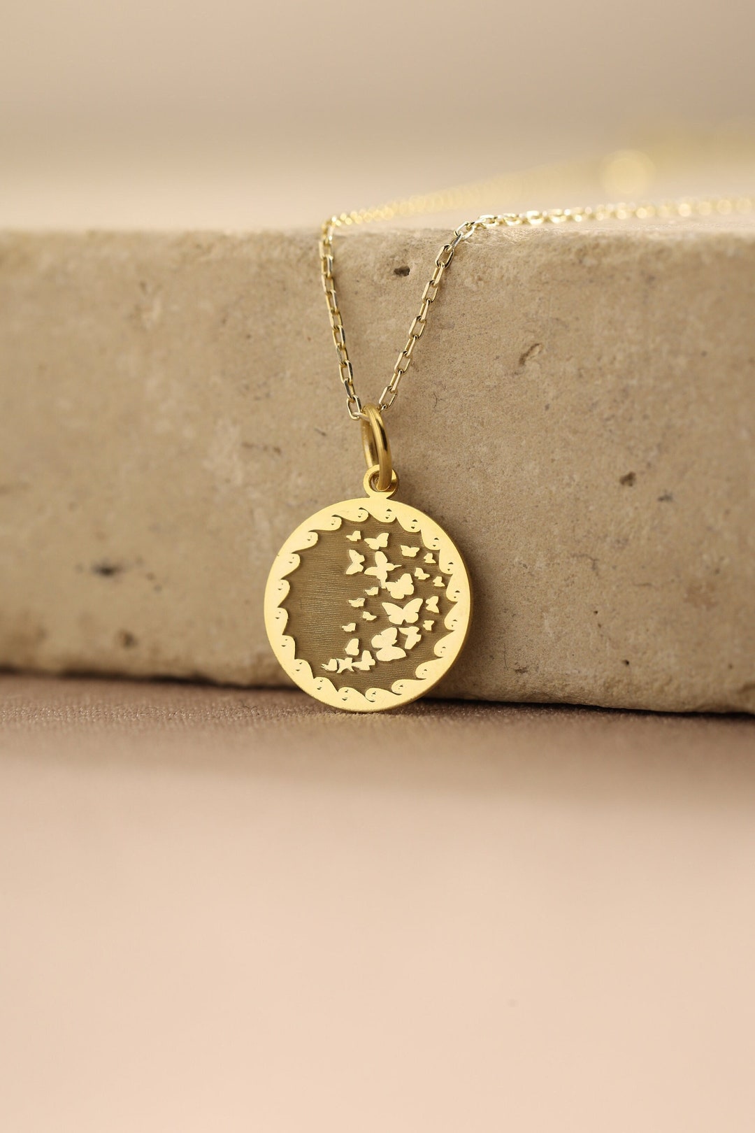 14k Solid Gold Monarch Butterfly Necklace , Personalized Monarch ...