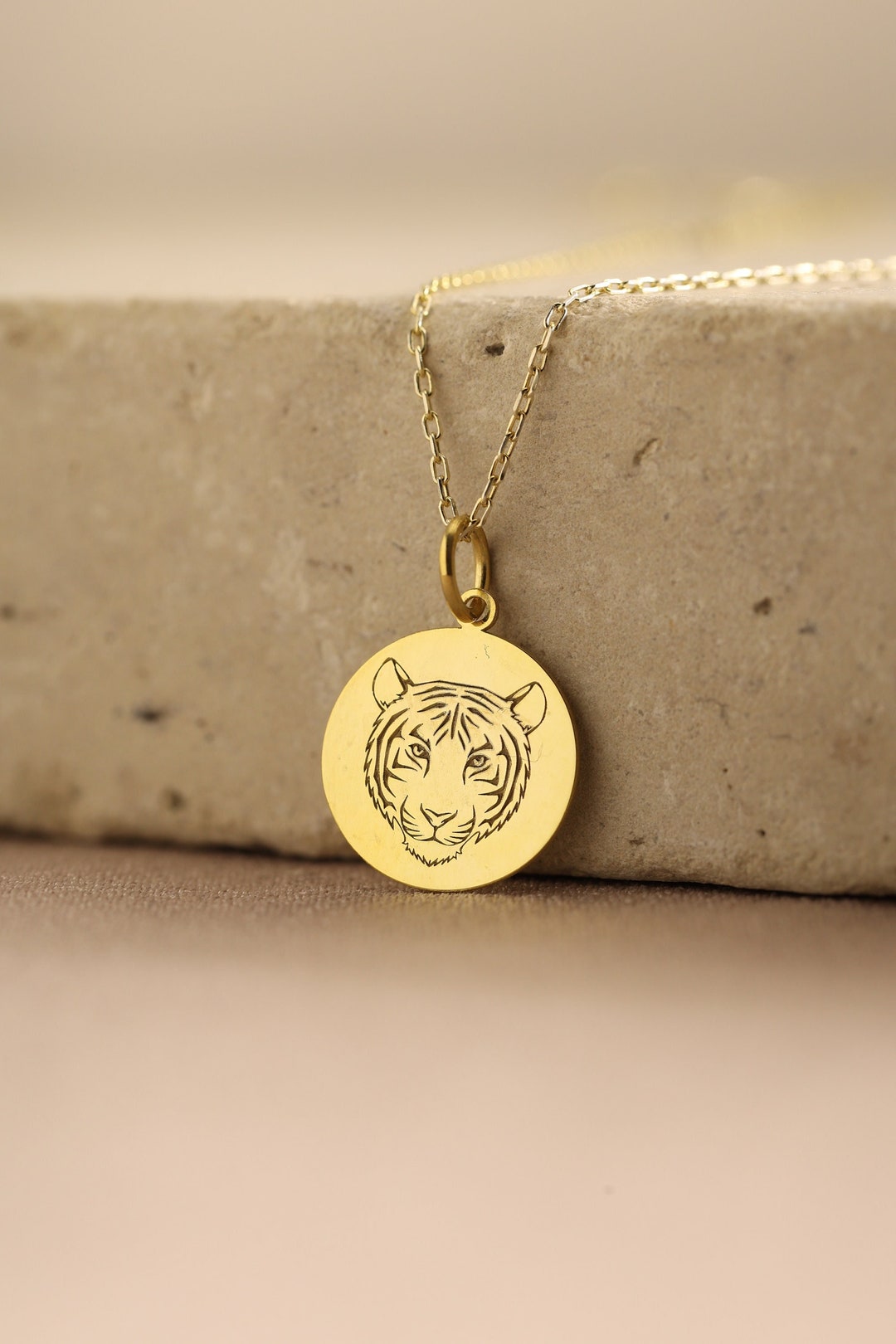 14k Solid Gold Tiger Pendant , Gold Tiger Necklace , Personalized Tiger ...