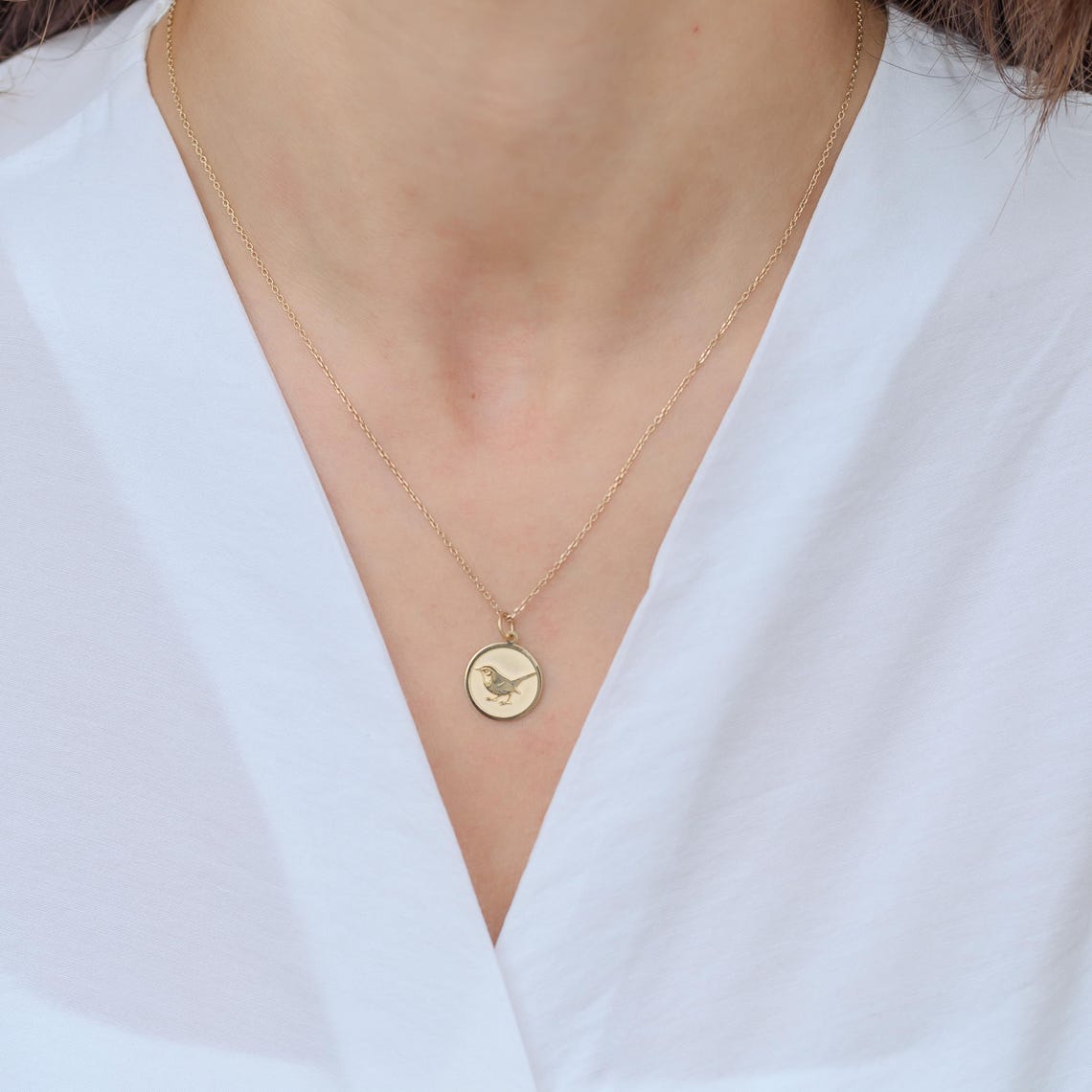 14k Solid Gold Wren Bird Necklace, Gold Bird Coin Pendant,personalized ...