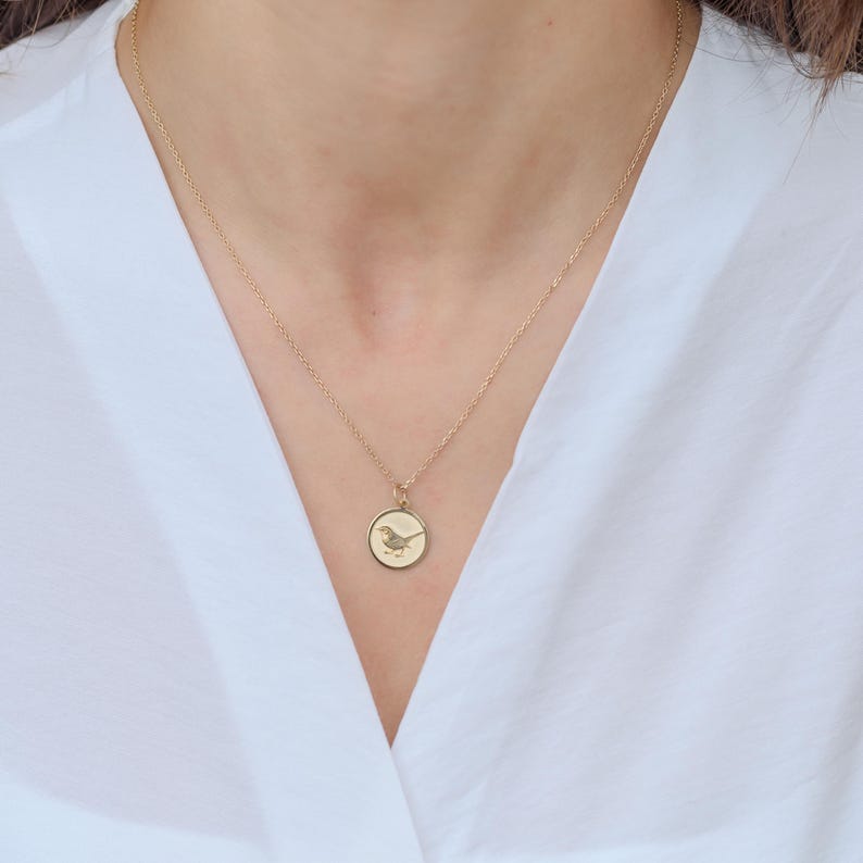 14k Solid Gold Wren Bird Necklace, Gold Bird Coin Pendant,personalized ...