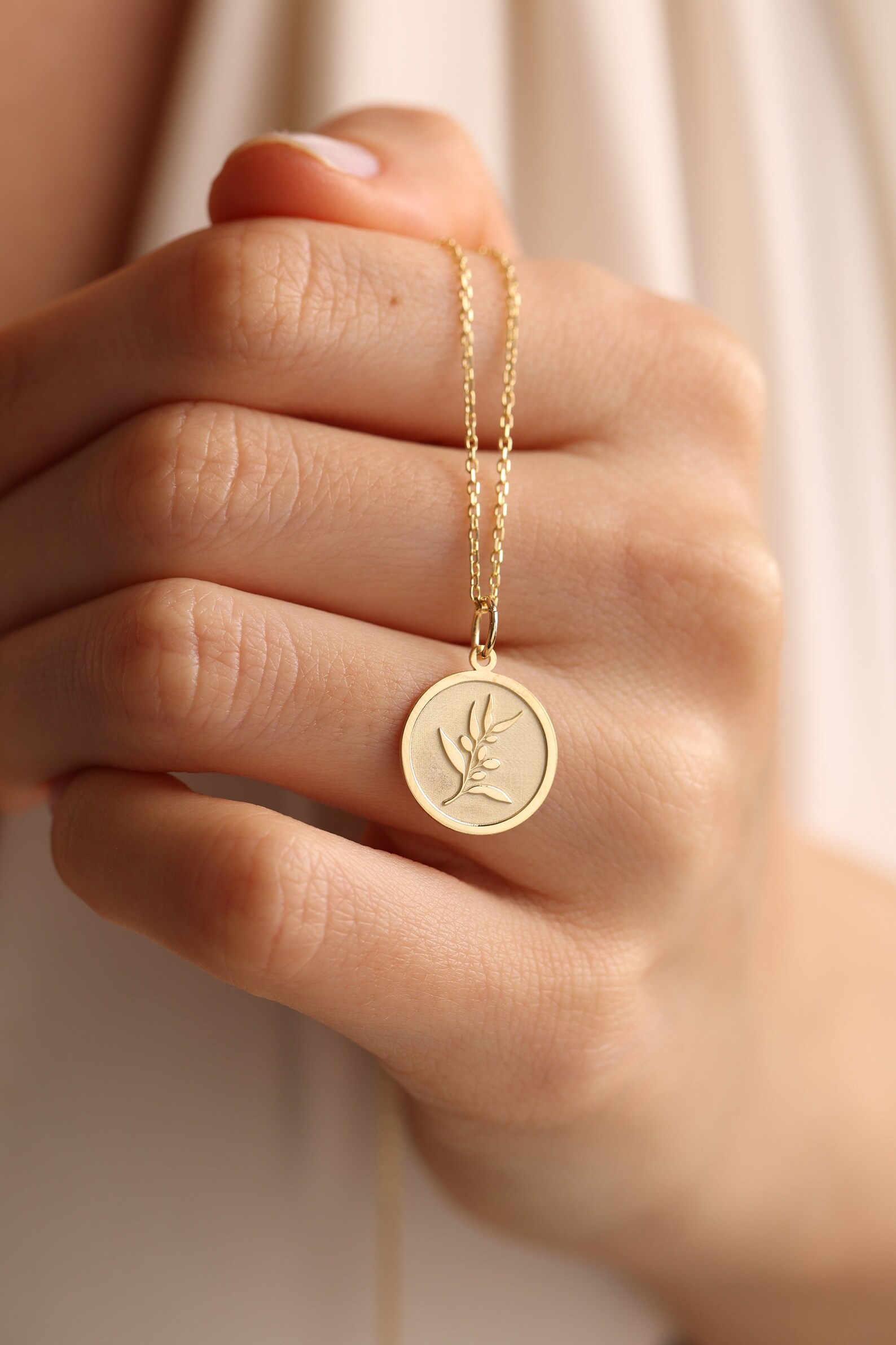 14k Solid Gold Olive Tree Branch Leaf Necklace Personalized - Etsy