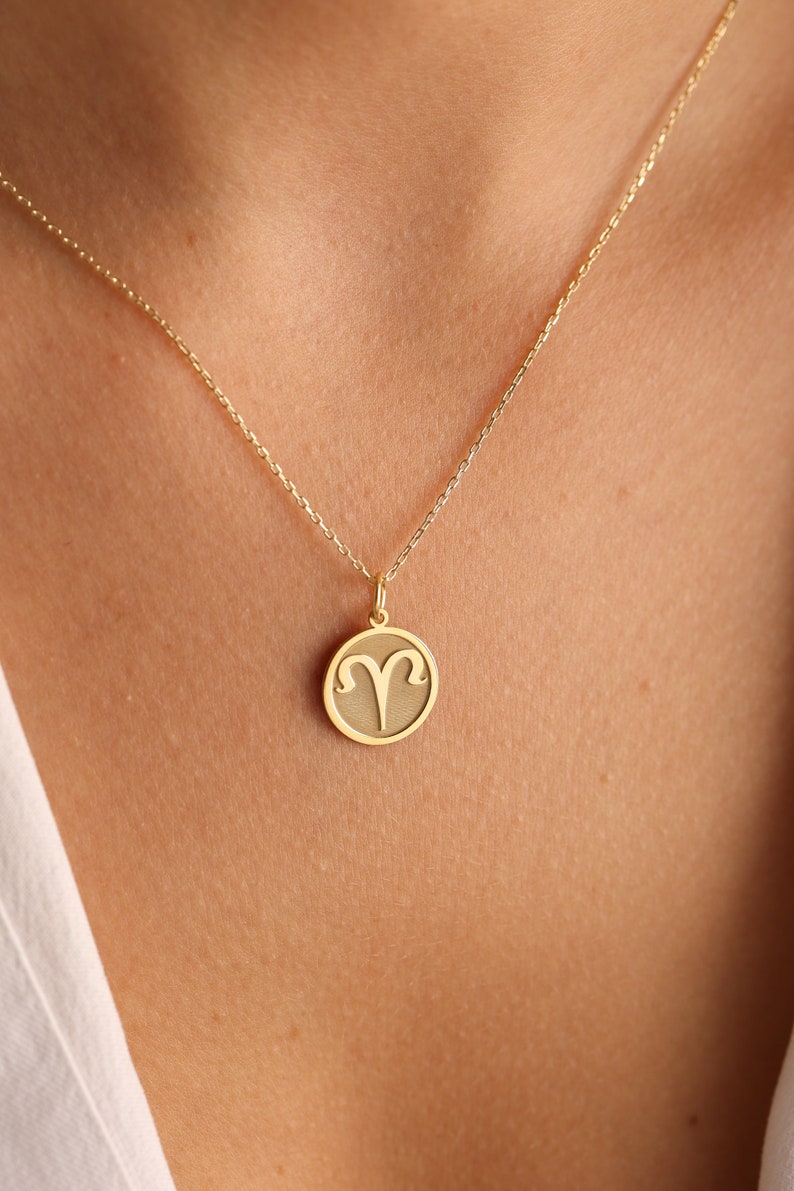 14k Solid Gold Aries Zodiac Necklace, Aries Ram Pendant , Zodiac Solid ...