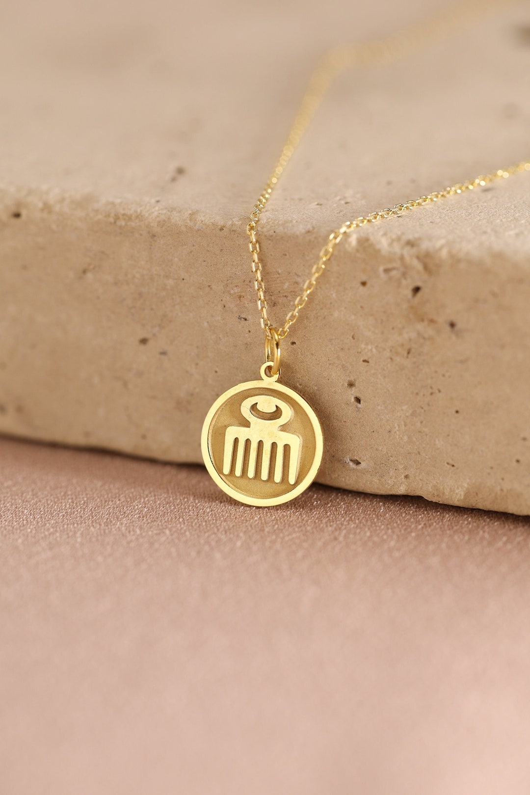 14k Solid Gold Duafe Adinkra Pendant , African Charm Jewelry Necklace ...