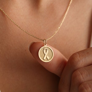 14k Solid Gold Awareness Ribbon Necklace , Personalized Cancer Ribbon ...