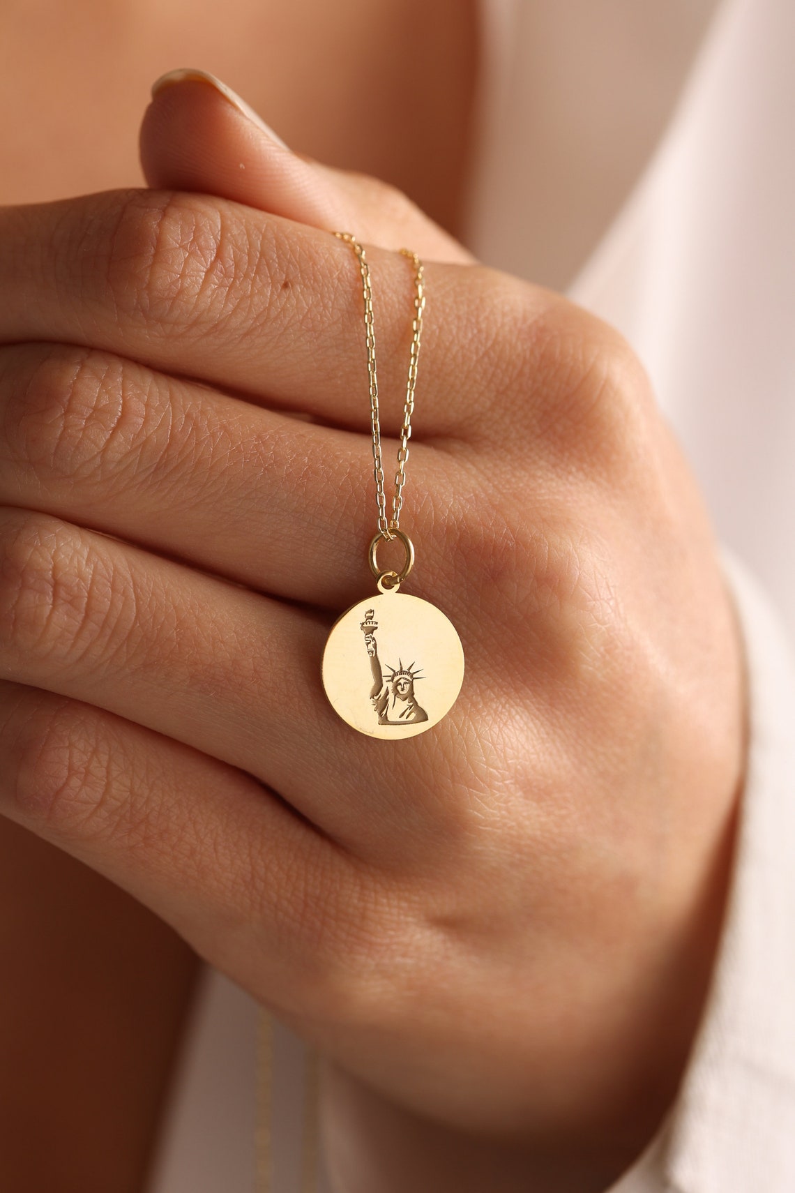 14k Solid Gold Statue of Liberty Necklace , Personalized Torch of ...
