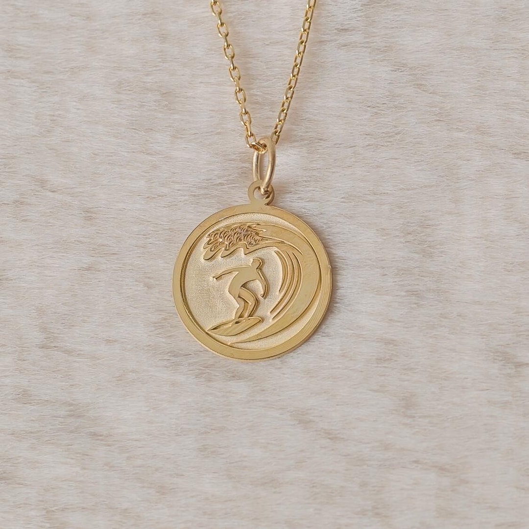 14k Solid Gold Surfing Pendant , Dainty Surfer Coin Necklace , Gold ...