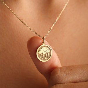 14k Solid Gold Cloud Necklace , Tiny Gold Cloud Necklace , Lightning Pendant , Delicate Cloud ...