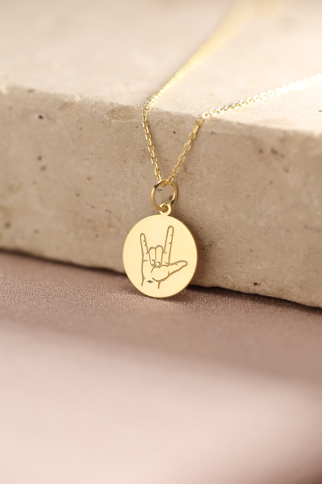 14k Solid Gold ASL Sign Language Necklace , I Love You ASL Sign ...
