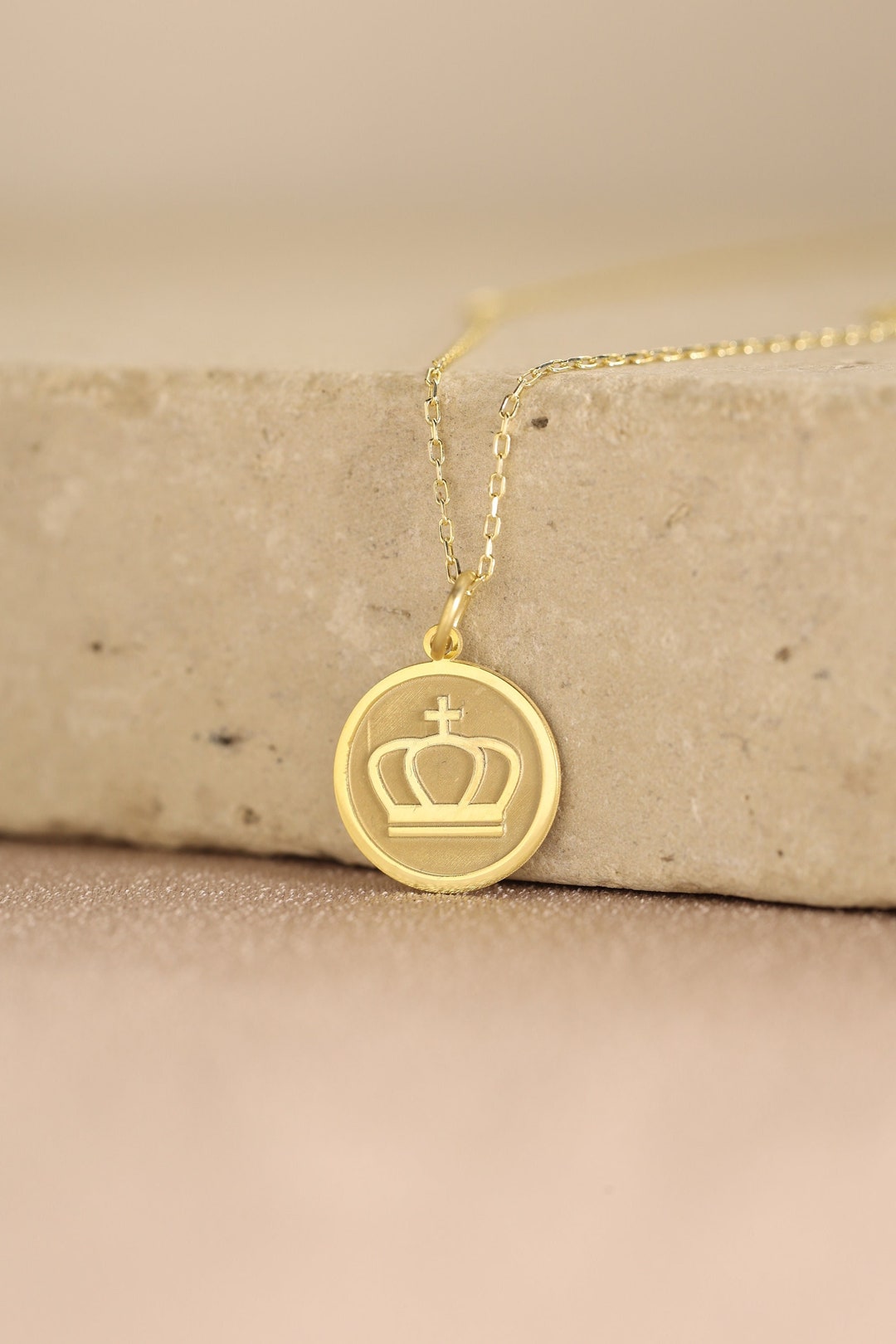 14k Solid Gold Crown Necklace, 14k Yellow Gold Cross Crown Necklace ...