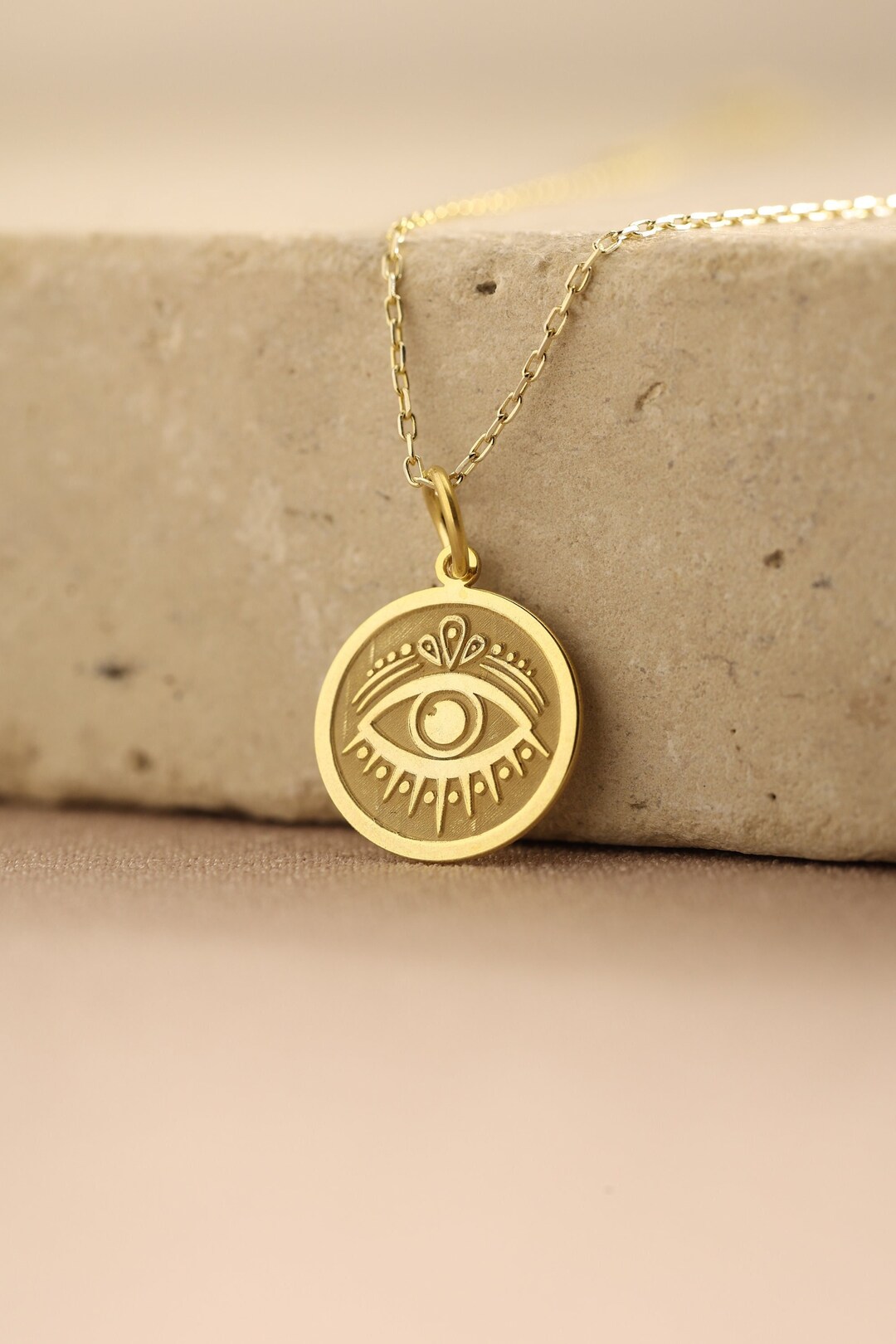 14k Solid Gold Evil Eye Necklace , Gold Evil Eye Disc Jewelry ...