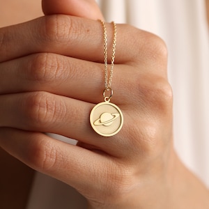 14k Solid Gold Saturn Necklace , Dainty 14k Solid Gold Planet Necklace ...