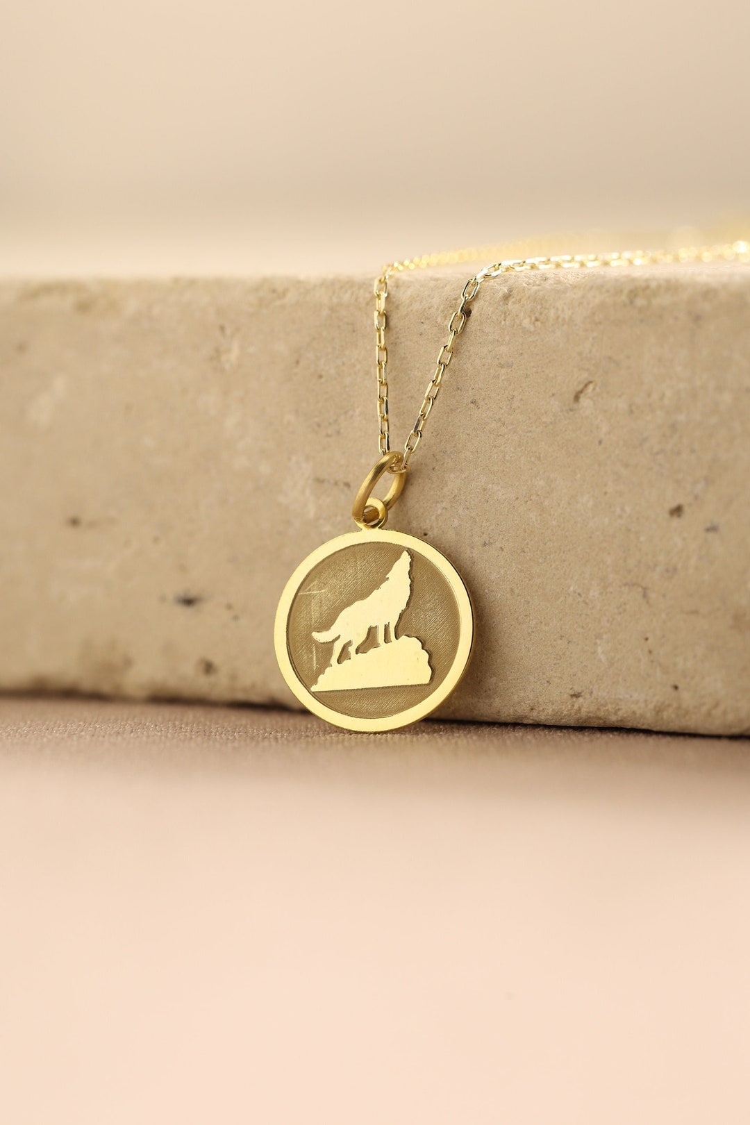 14k Solid Gold Wolf Necklace , Personalized Wolf Pendant , Howling Wolf ...