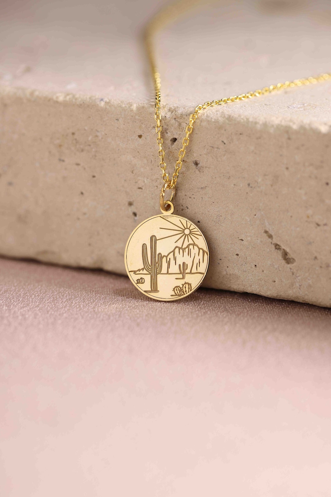 14k Solid Gold Cactus Necklace , Brushed Saguaro Pendant , Desert ...