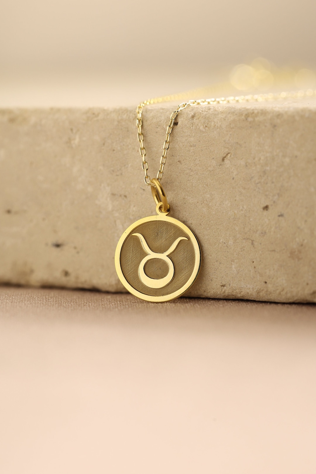 14k Solid Gold Taurus Zodiac Necklace, Taurus Symbol Pendant, Zodiac ...
