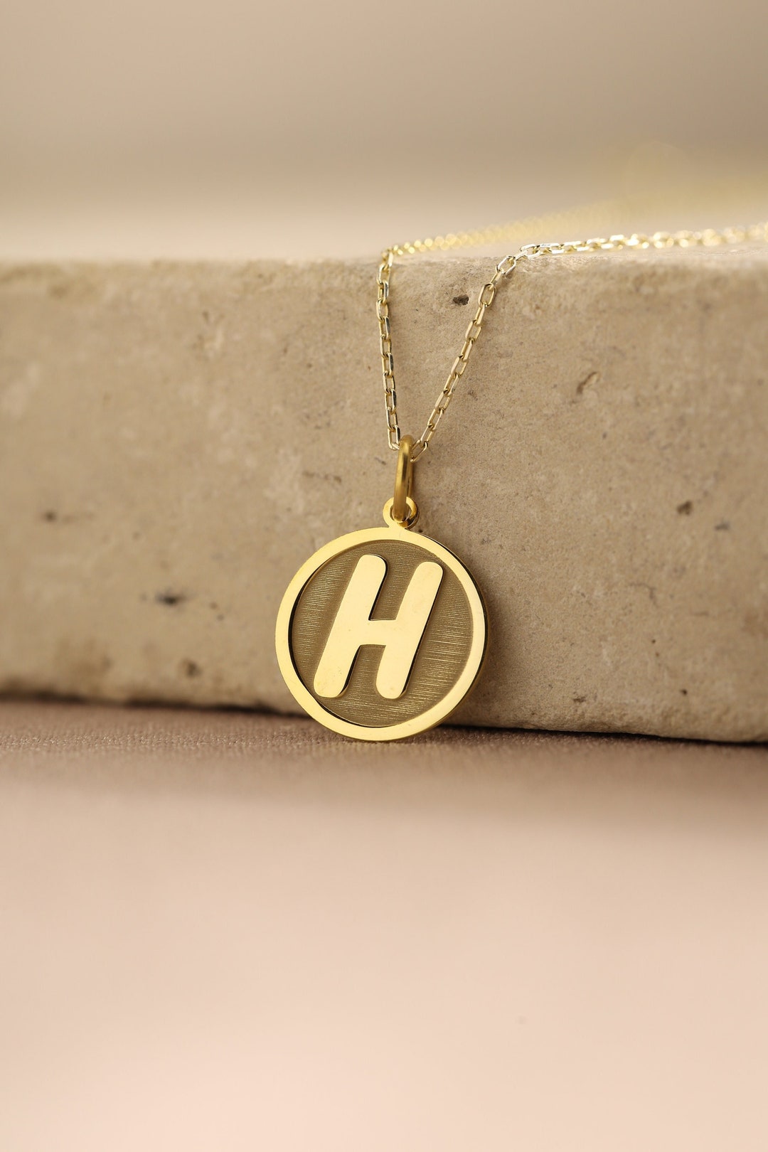 14k Solid Gold Initial Necklace,h Letter Necklace , Sideways Initial ...