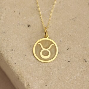 14k Solid Gold Taurus Zodiac Necklace, Taurus Symbol Pendant, Zodiac ...