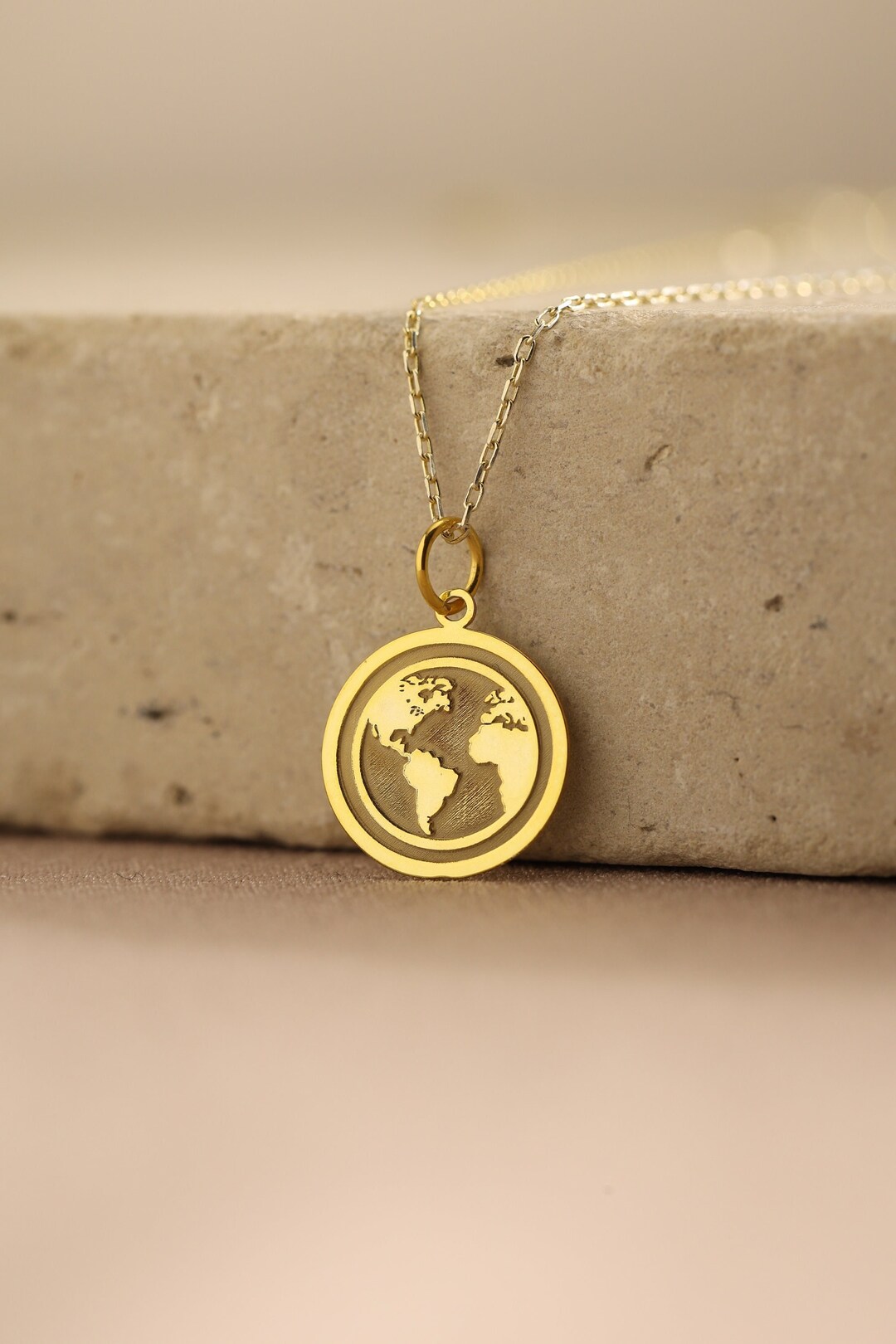 14k Solid Gold Earth Necklace , Dainty World Map Necklace , Traveler ...