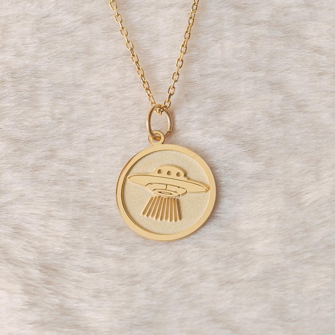 14k Gold UFO Pendant , UFO Gold Charm , Unidentified Flying Object ...